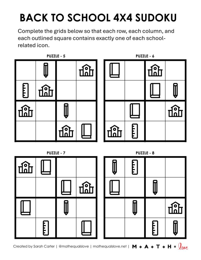 Back to School Sudoku - 4x4 Puzzles with Pictures | Math = Love