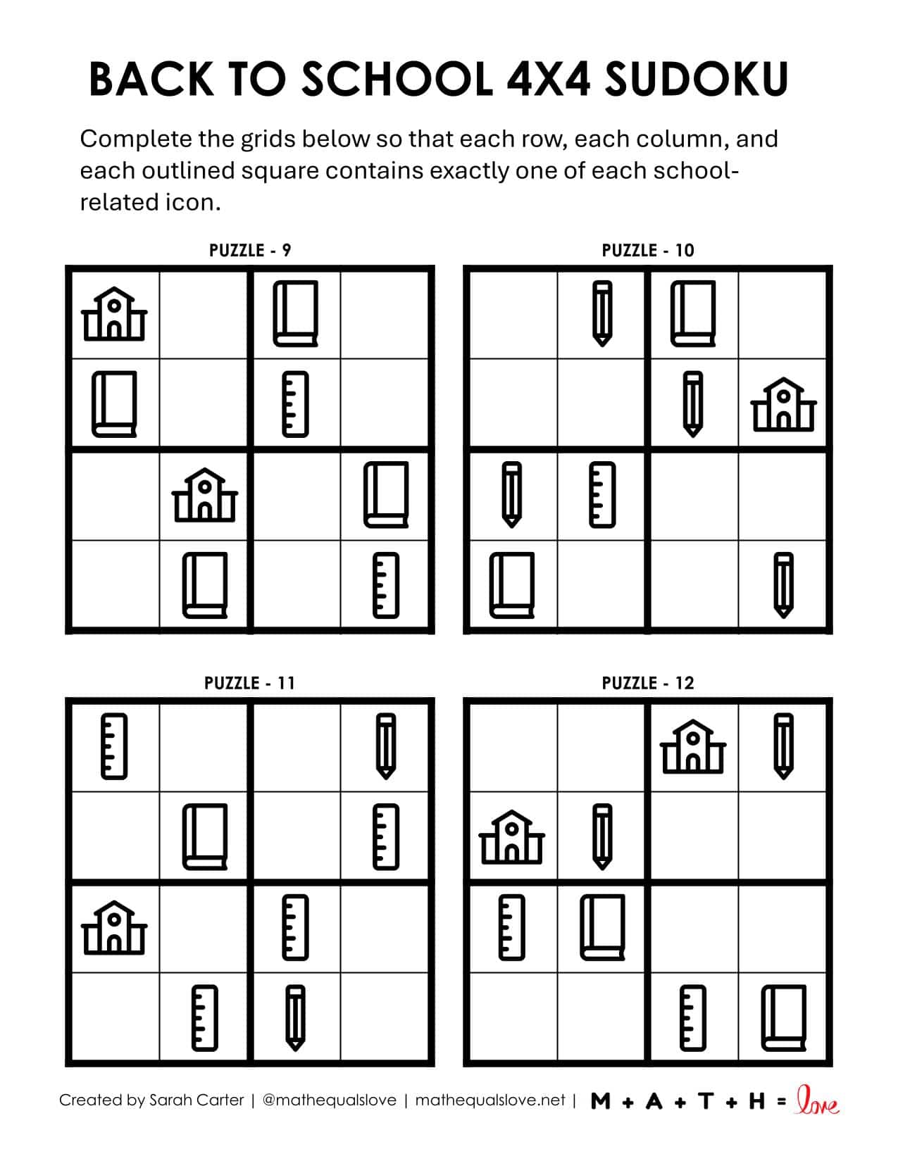 Back to School Sudoku - 4x4 Puzzles with Pictures | Math = Love