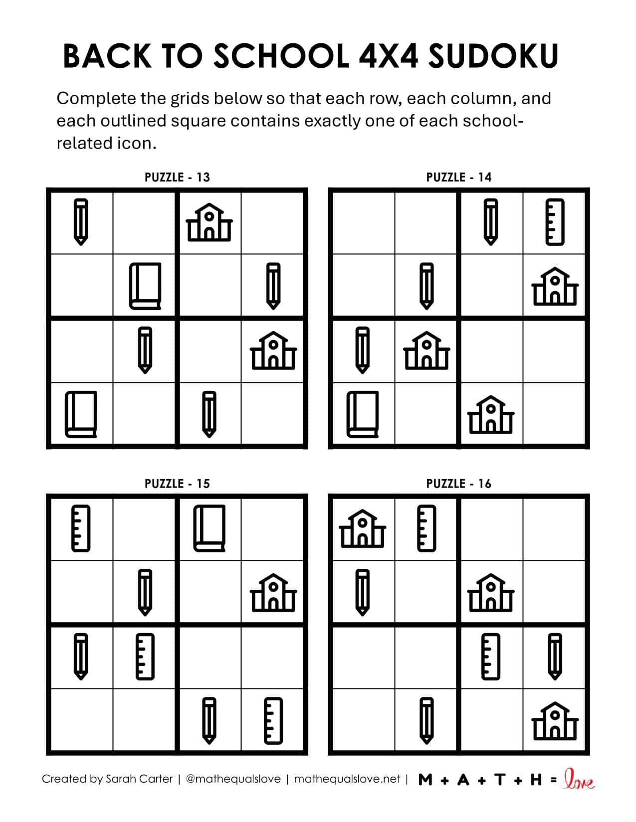 Back to School Sudoku - 4x4 Puzzles with Pictures | Math = Love