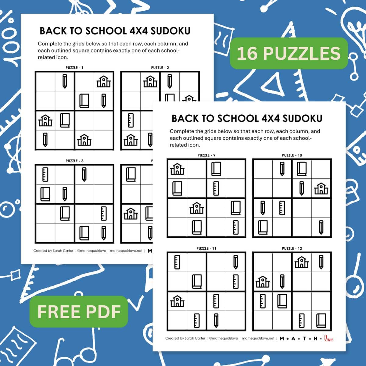 Back to School Sudoku - 4x4 Puzzles with Pictures | Math = Love