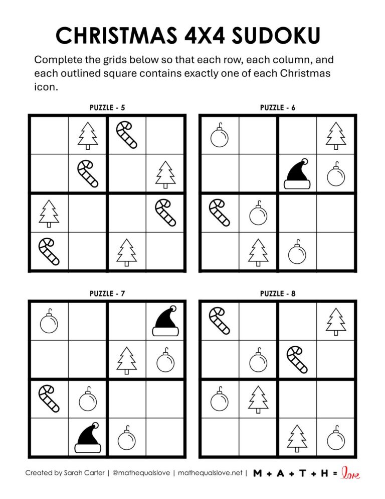 4x4 Christmas Sudoku Puzzles Printable PDF