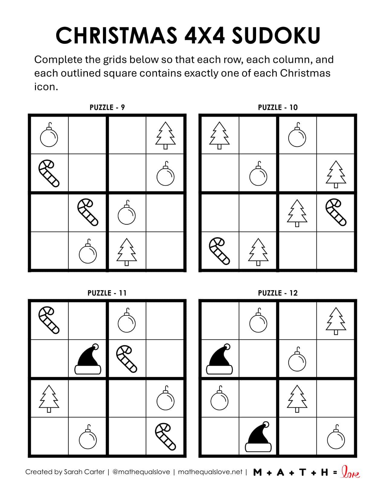 4x4 Christmas Sudoku Puzzles Printable PDF