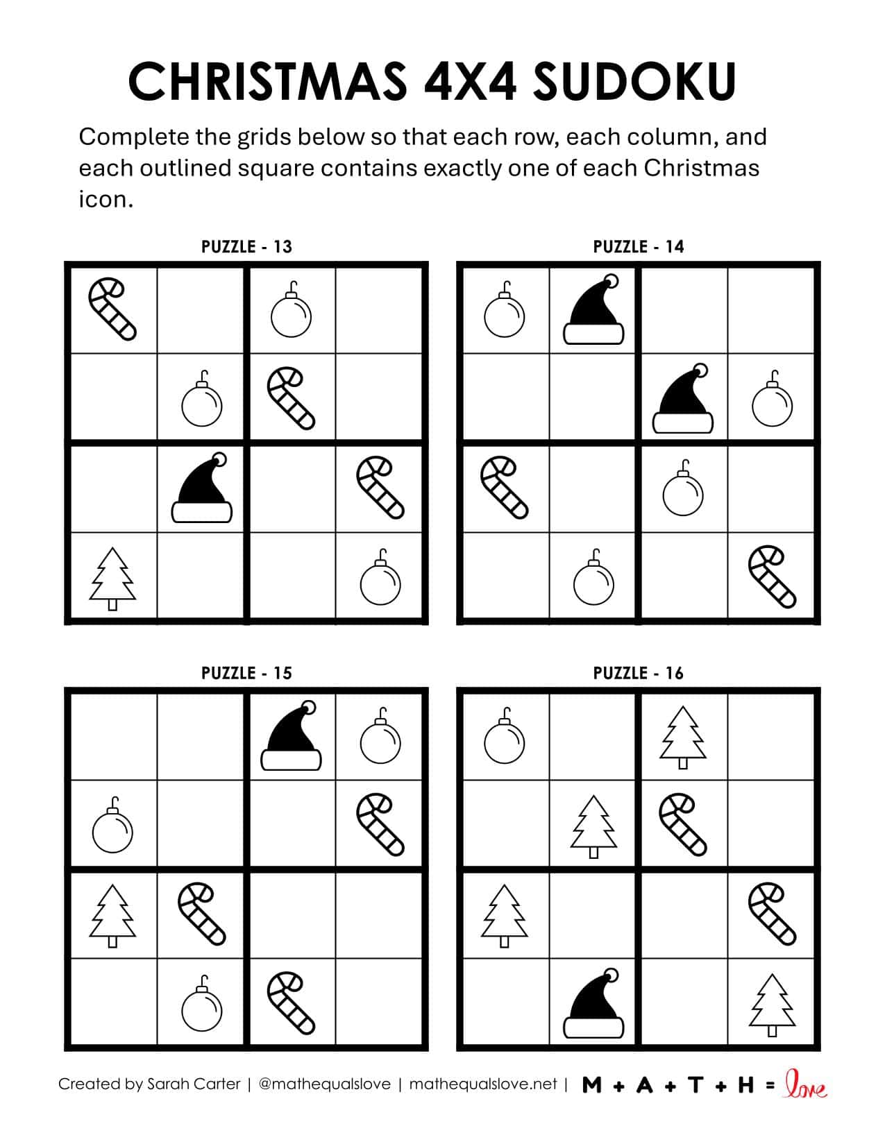 4x4 Christmas Sudoku Puzzles Printable PDF