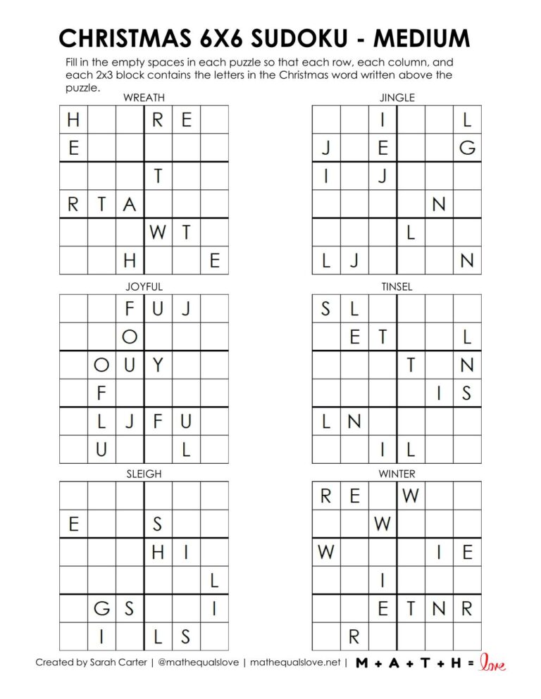 Christmas 6x6 Sudoku Puzzles [Free Printable PDF]