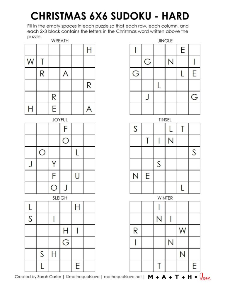 Christmas 6x6 Sudoku Puzzles [Free Printable PDF]