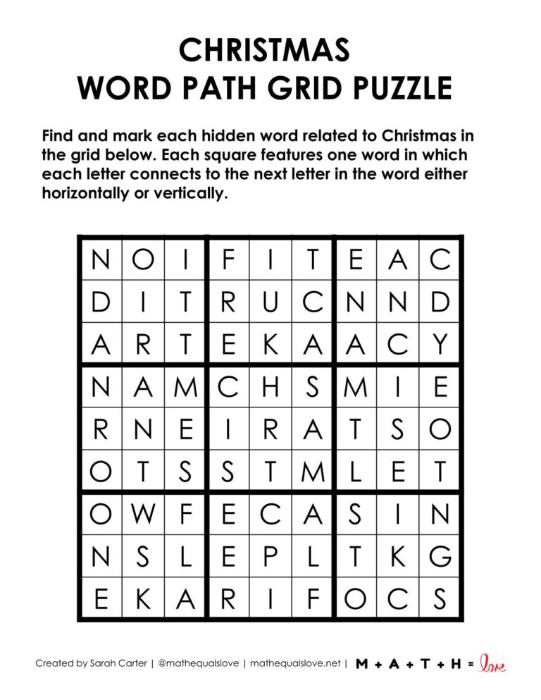 Christmas Word Puzzle - Word Path Grid Puzzle PDF