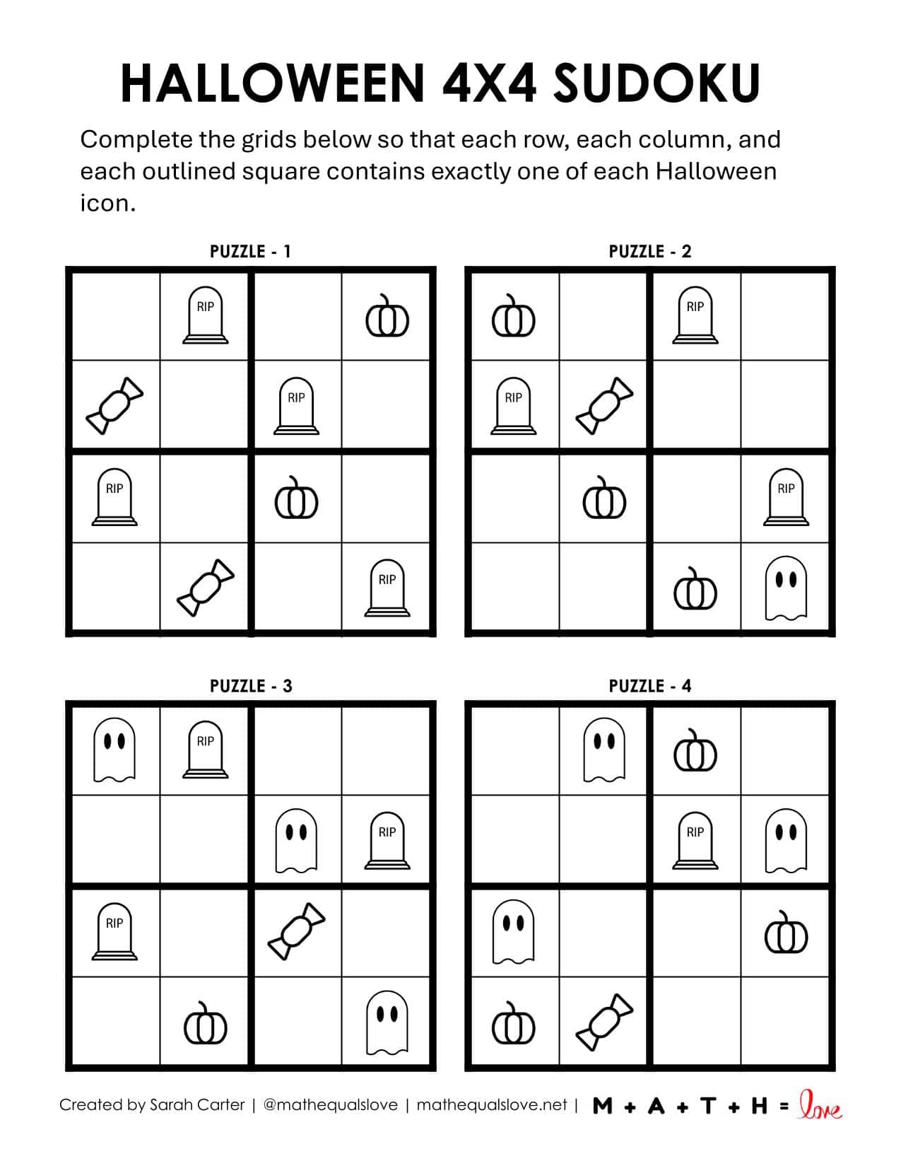 Halloween Sudoku - 4x4 Puzzles with Pictures | Math = Love