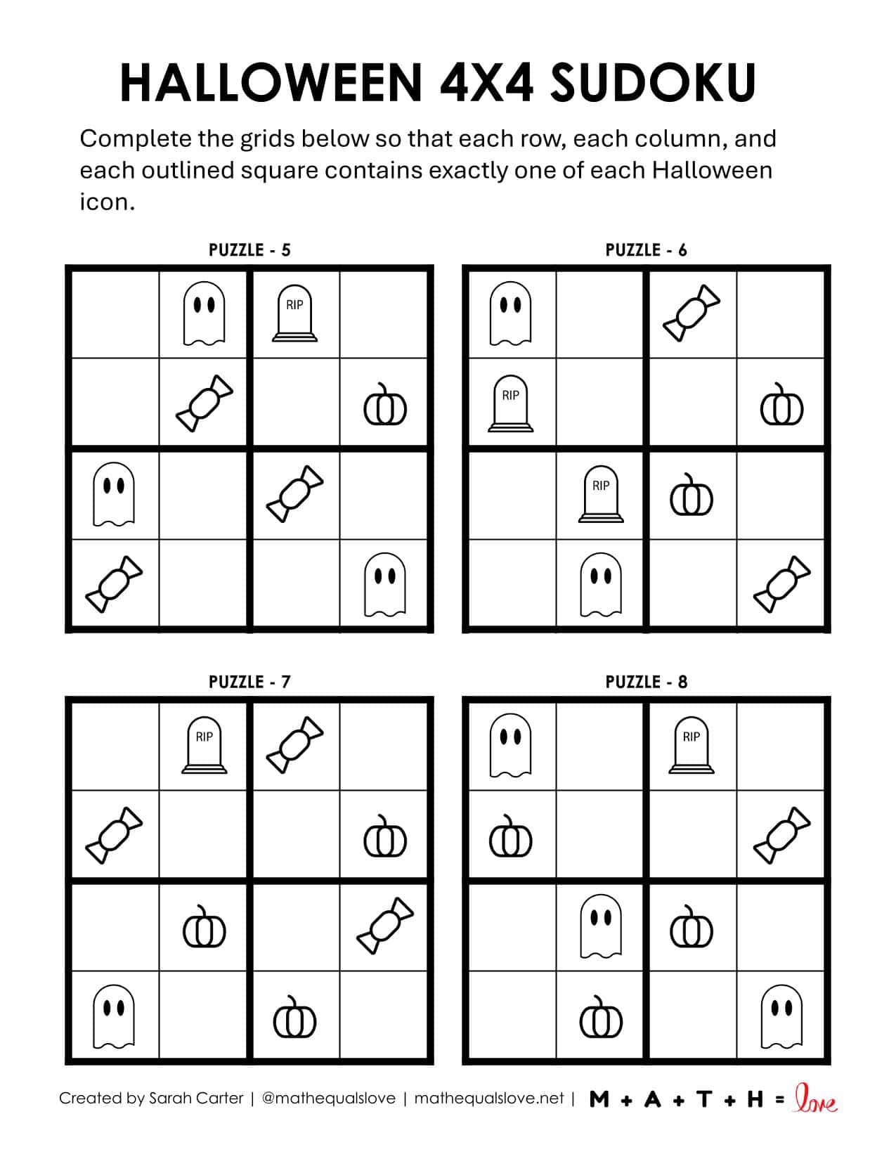 Halloween Sudoku - 4x4 Puzzles with Pictures | Math = Love