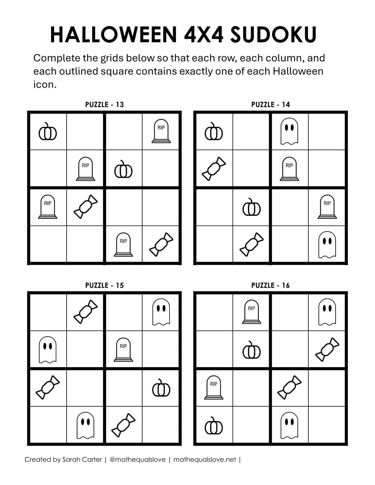 Halloween Sudoku - 4x4 Puzzles with Pictures | Math = Love