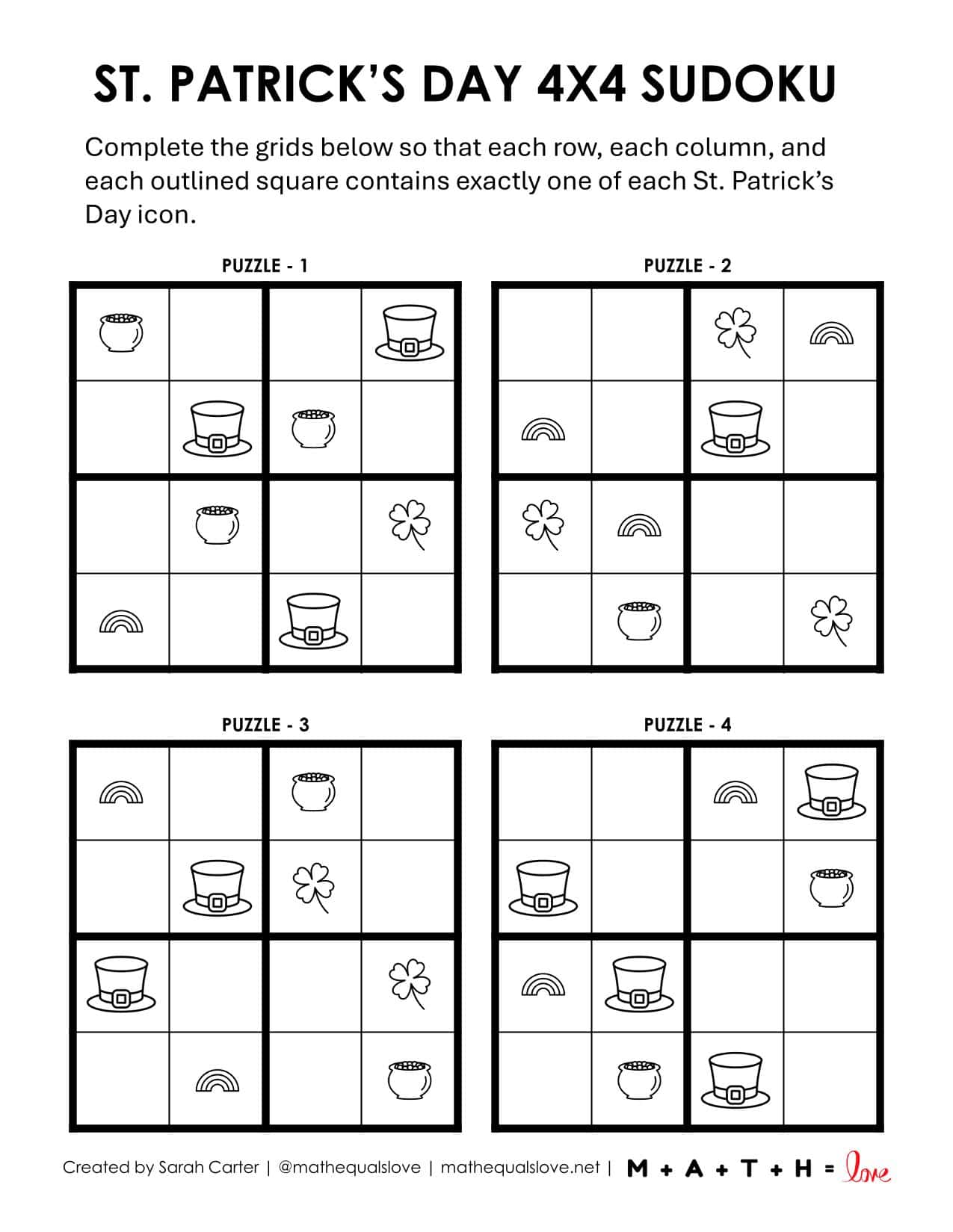 St. Patrick's Day Sudoku - 4x4 Puzzles with Pictures | Math = Love