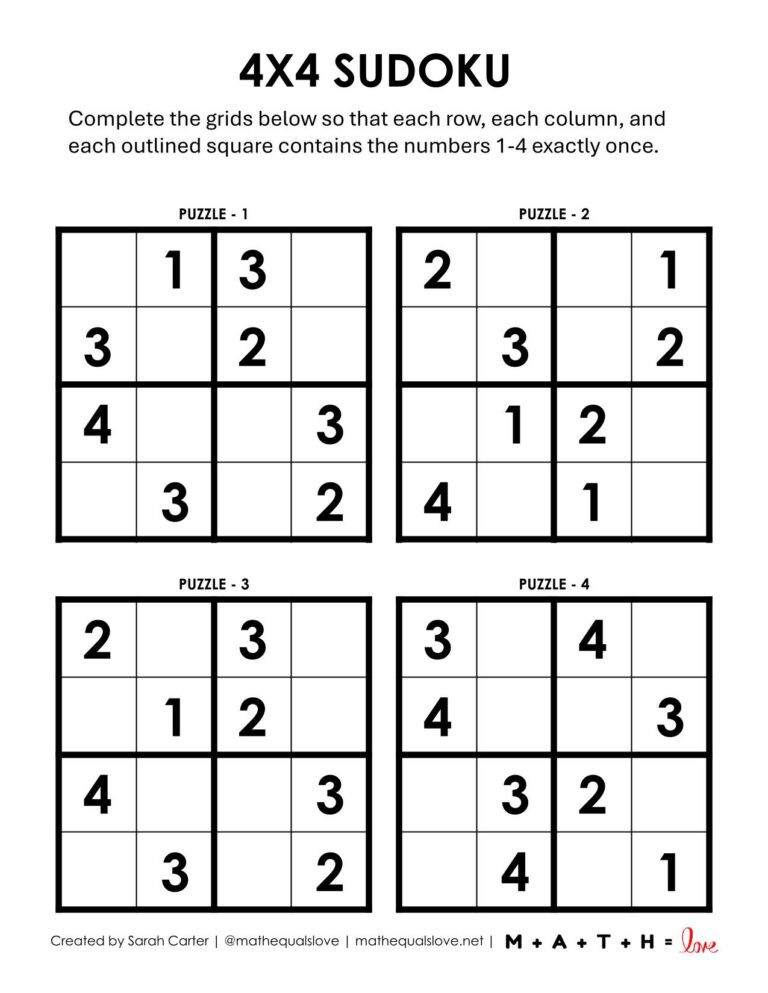 Sudoku 4x4 Puzzles [Free Printable PDFs]