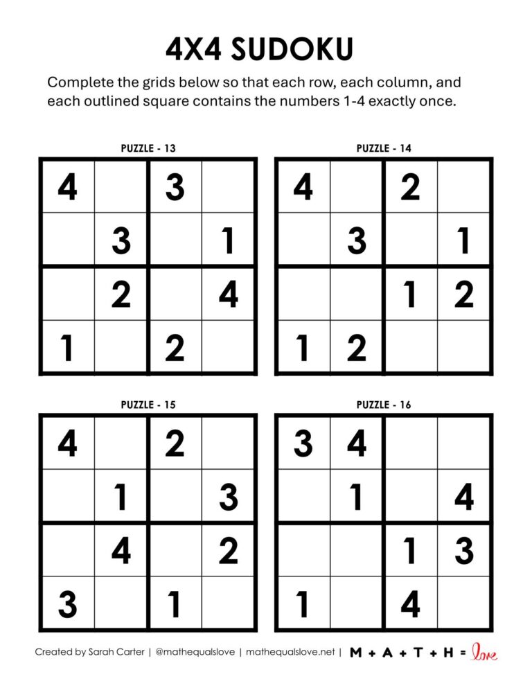 Sudoku 4x4 Puzzles [Free Printable PDFs]
