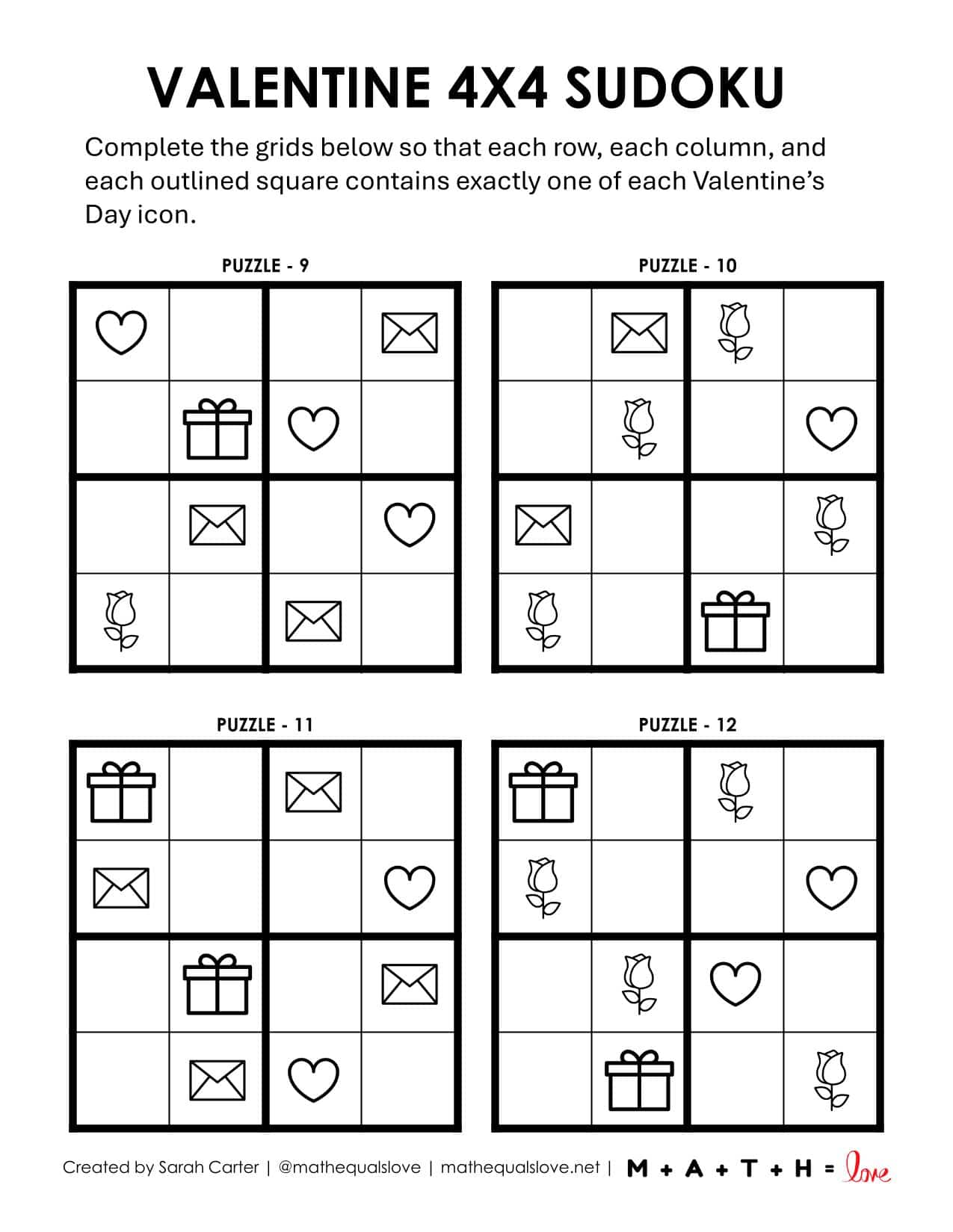 Easy Valentine Sudoku - 4x4 Puzzles with Pictures | Math = Love