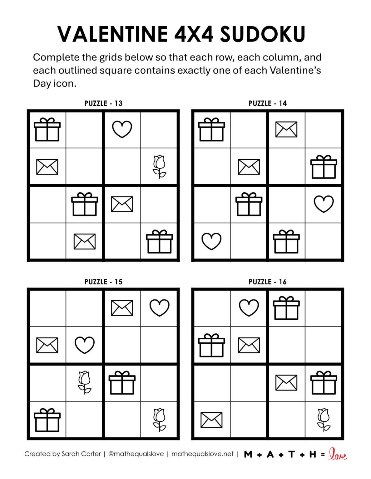 Easy Valentine Sudoku - 4x4 Puzzles with Pictures | Math = Love