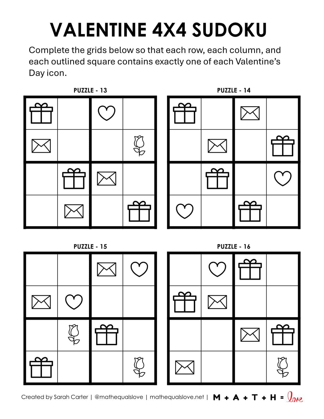 Easy Valentine Sudoku - 4x4 Puzzles with Pictures | Math = Love
