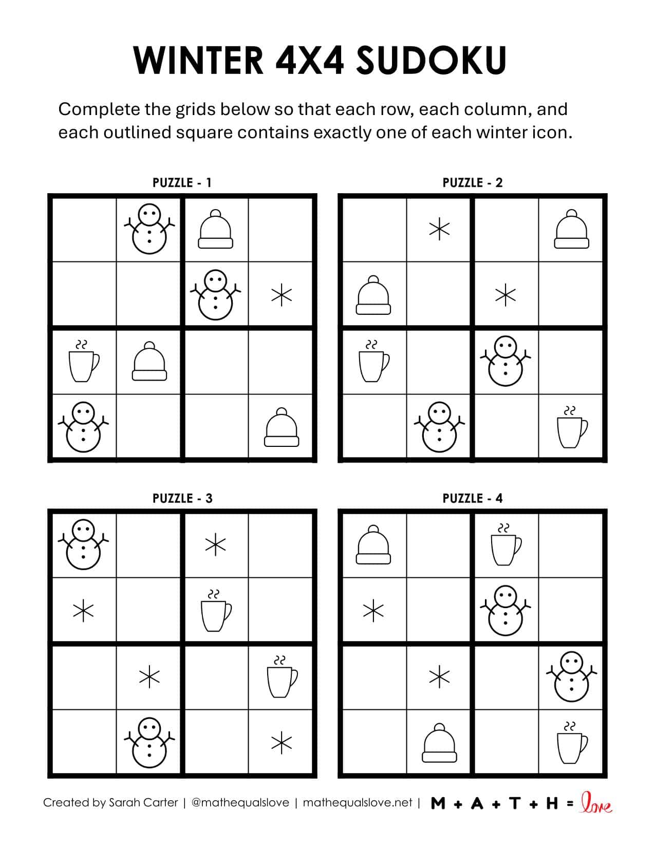Winter 4x4 Sudoku Puzzles with Pictures [Free PDF]
