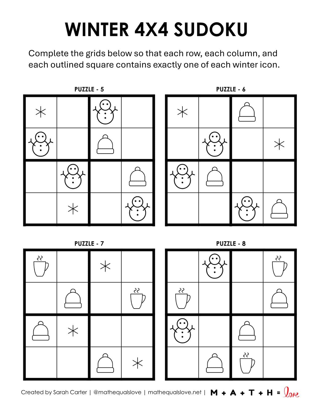 Winter 4x4 Sudoku Puzzles with Pictures [Free PDF]
