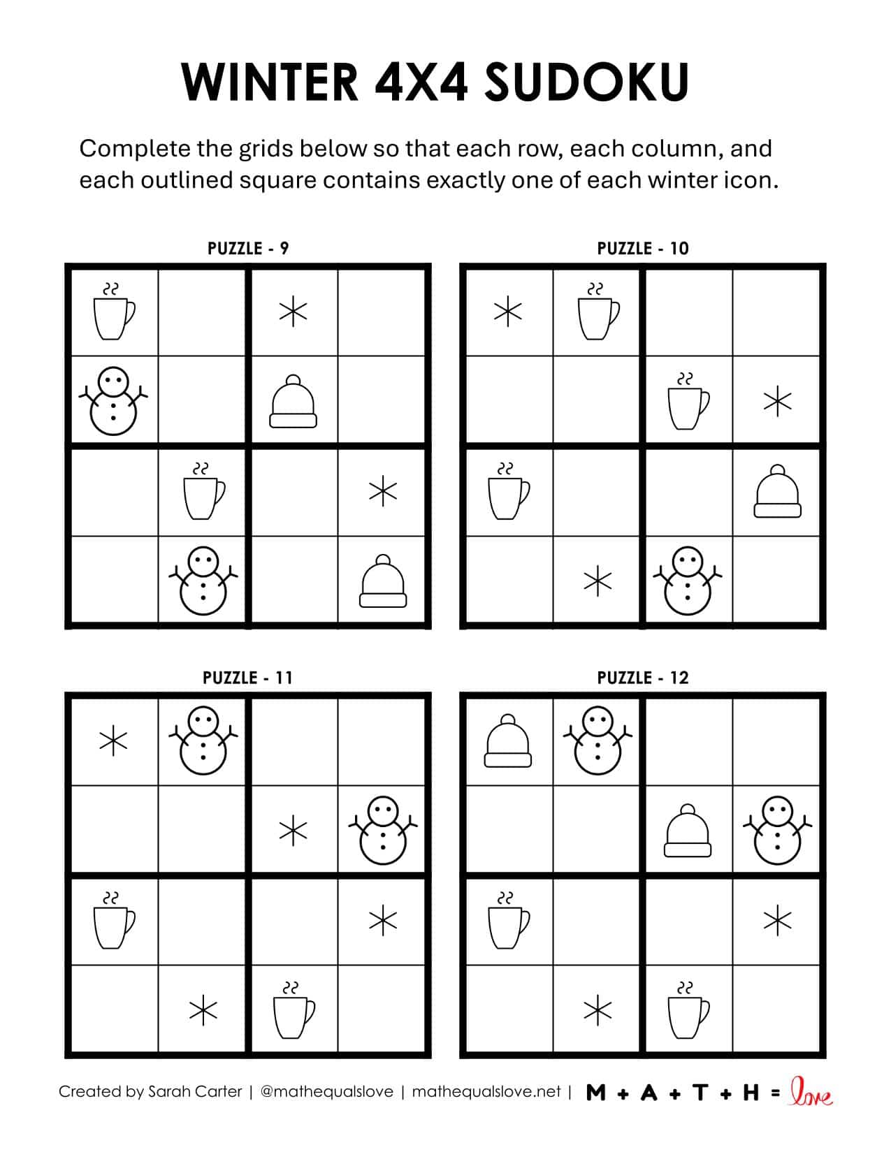 Winter 4x4 Sudoku Puzzles with Pictures [Free PDF]