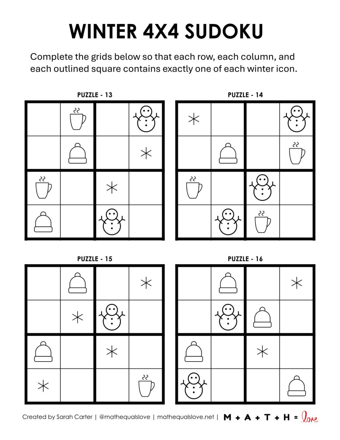 Winter 4x4 Sudoku Puzzles with Pictures [Free PDF]