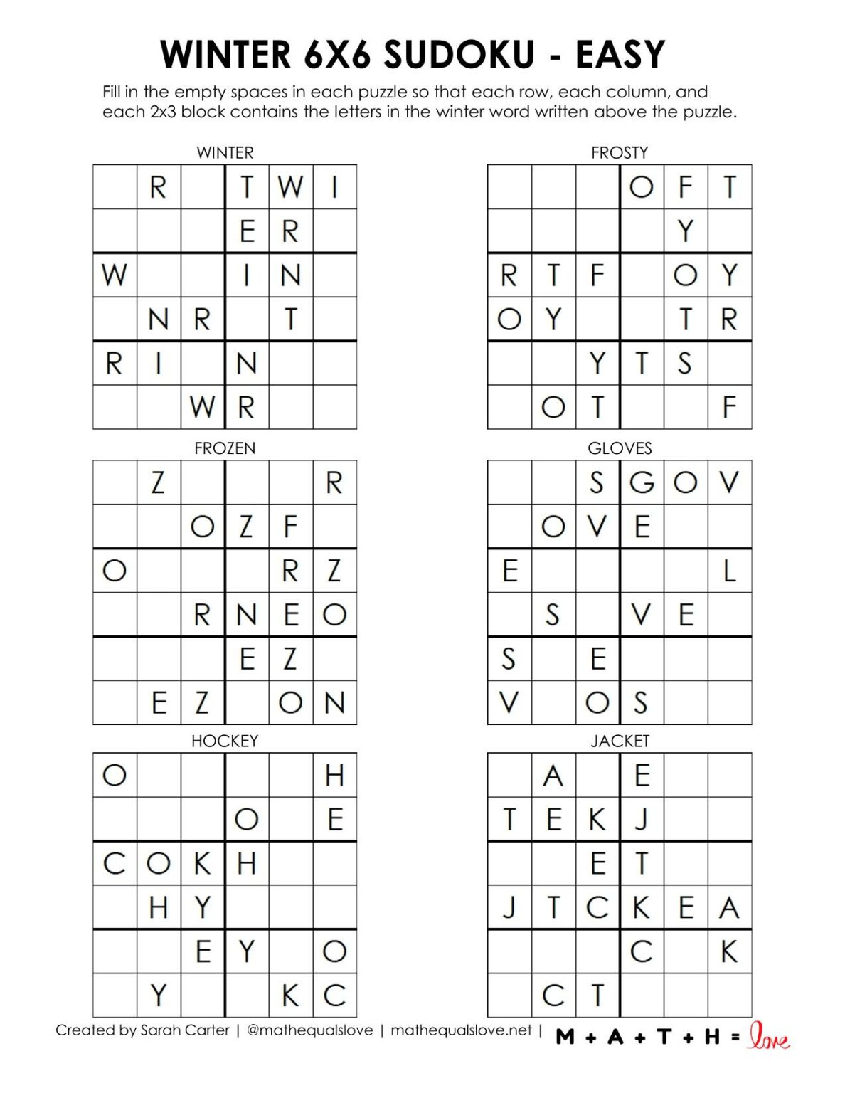 Winter 6x6 Sudoku Puzzles [Free Printable PDF]