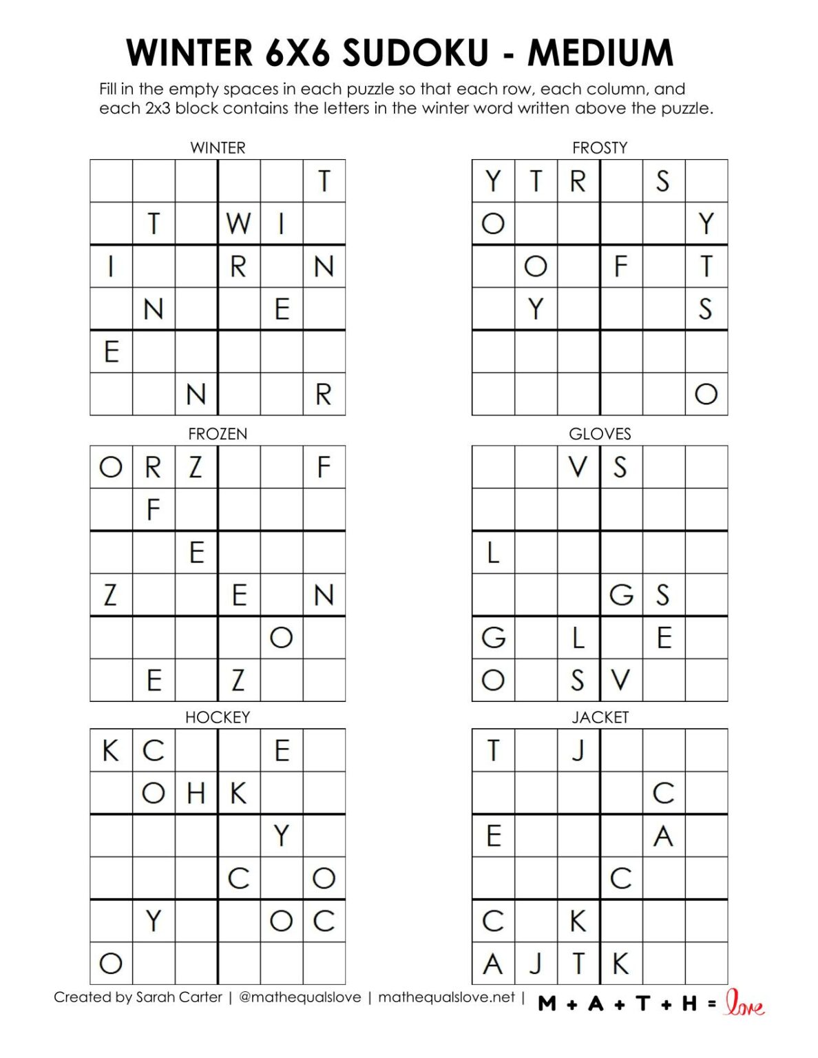 Winter 6x6 Sudoku Puzzles [Free Printable PDF]