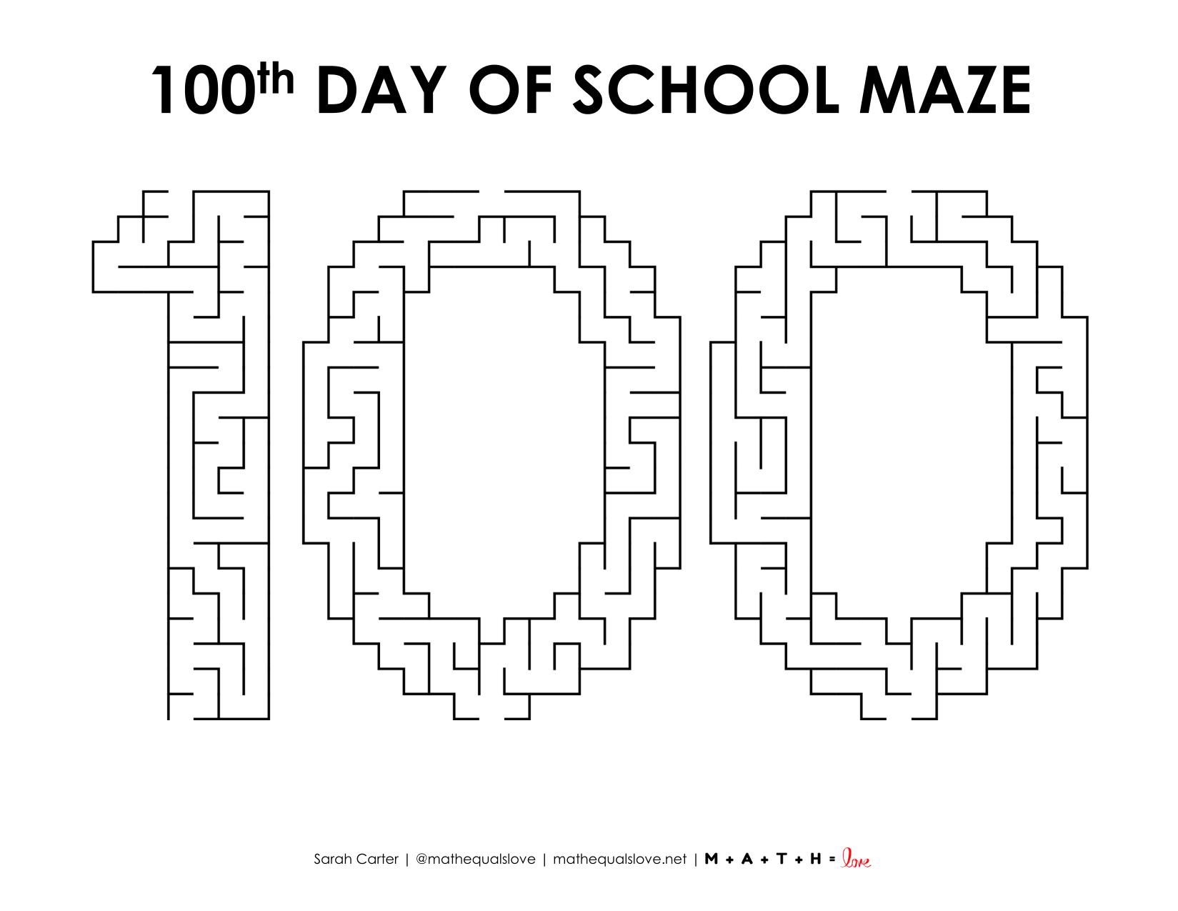 100th Day of School Maze Worksheet | Math = Love