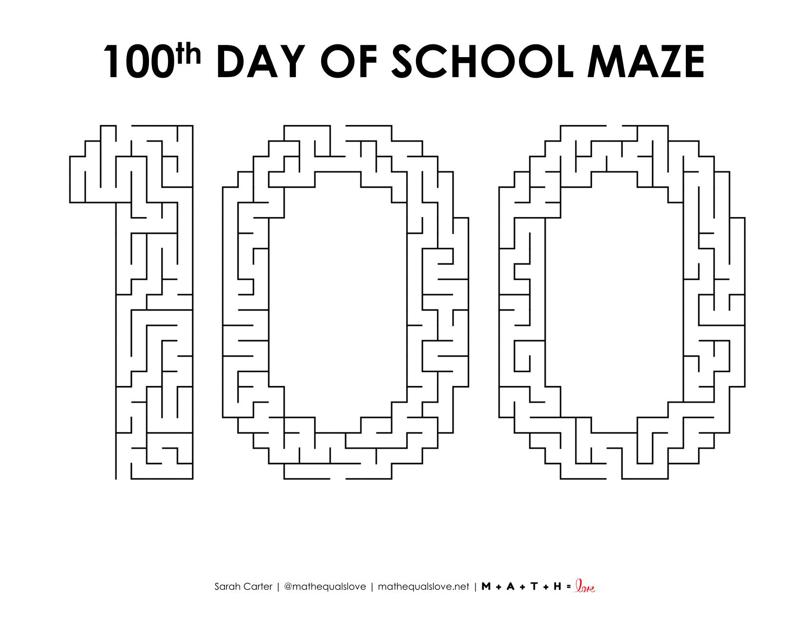 100th Day of School Maze Worksheet | Math = Love