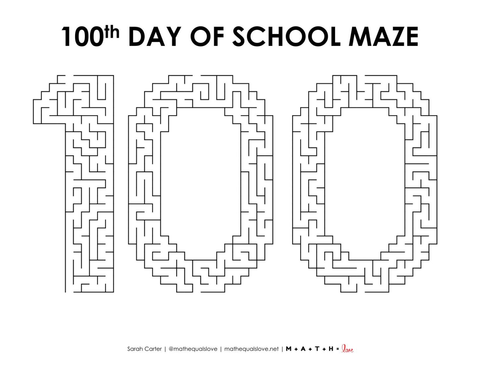 100th Day of School Maze Worksheet | Math = Love