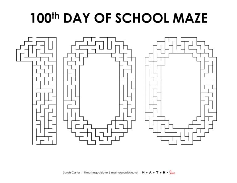 100th Day of School Maze Worksheet | Math = Love
