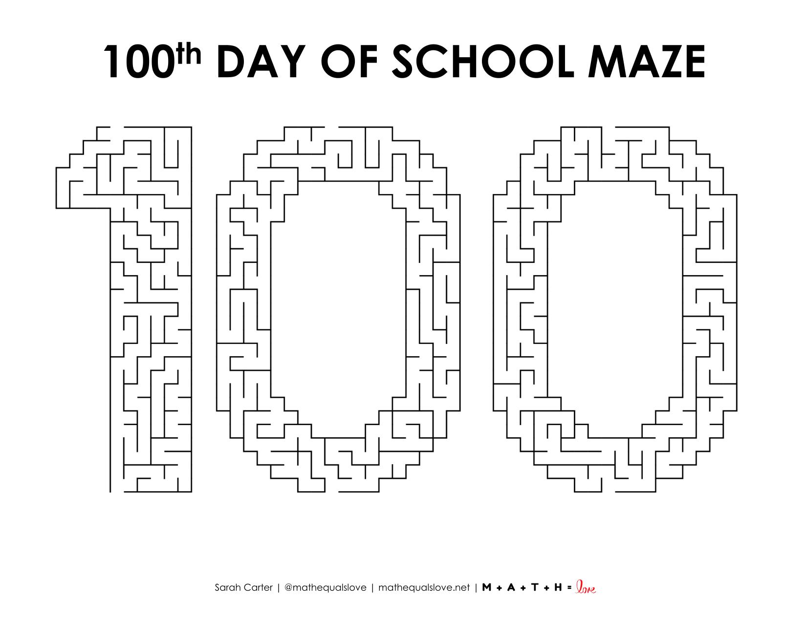 100th Day of School Maze Worksheet | Math = Love