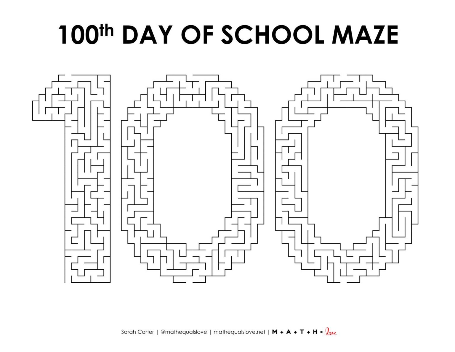 100th Day of School Maze Worksheet | Math = Love