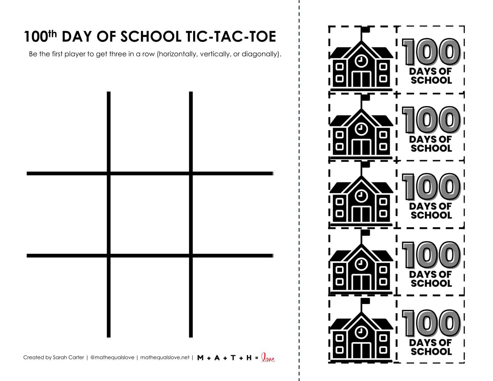 100th Day of School Tic Tac Toe Game | Math = Love