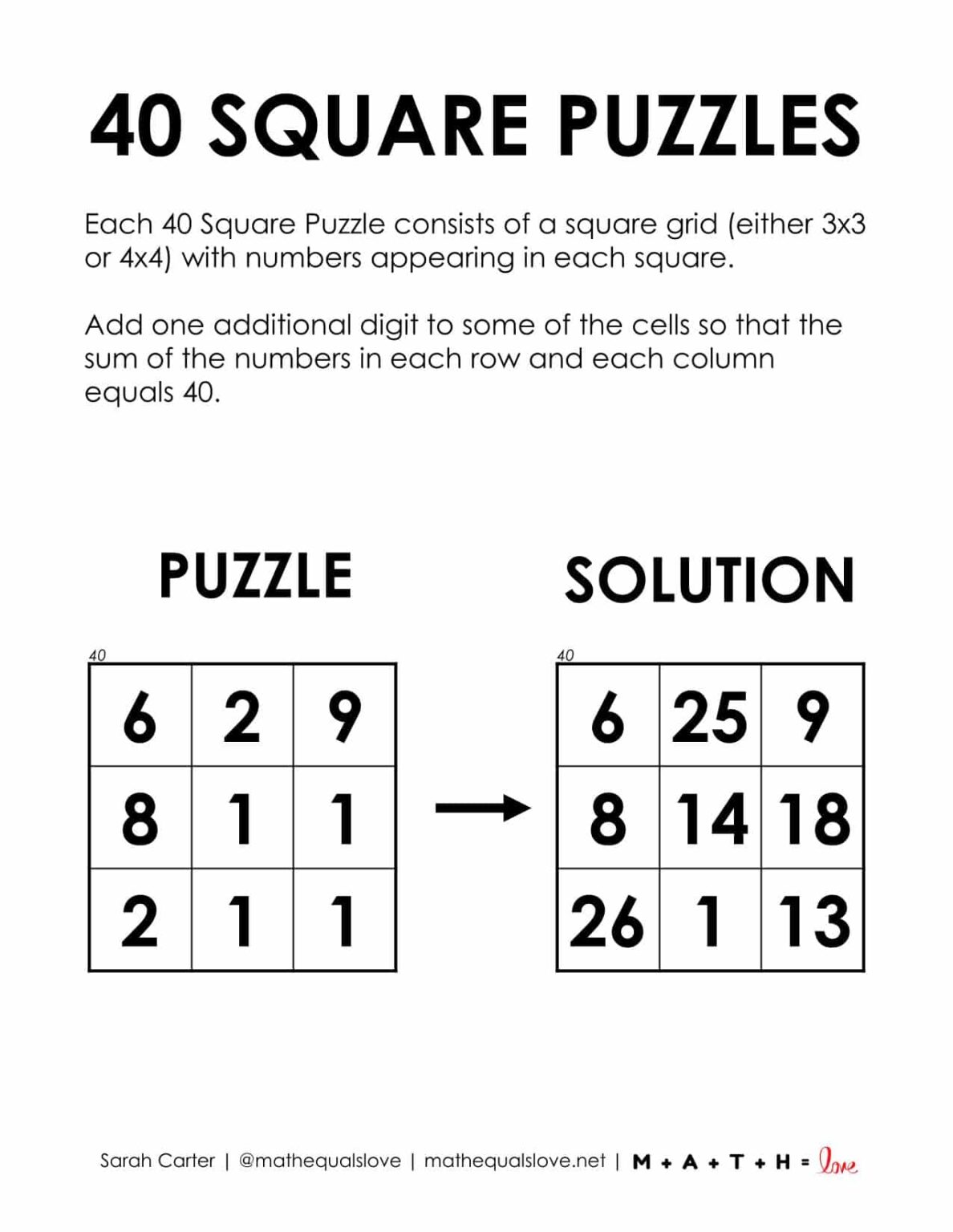 40 Square Logic Puzzles | Math = Love