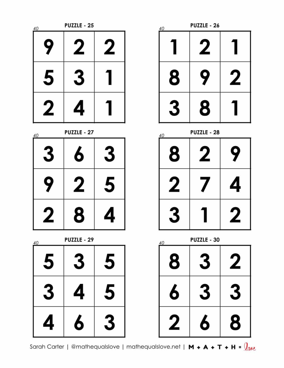 40 Square Digit Addition Logic Puzzles | Math = Love