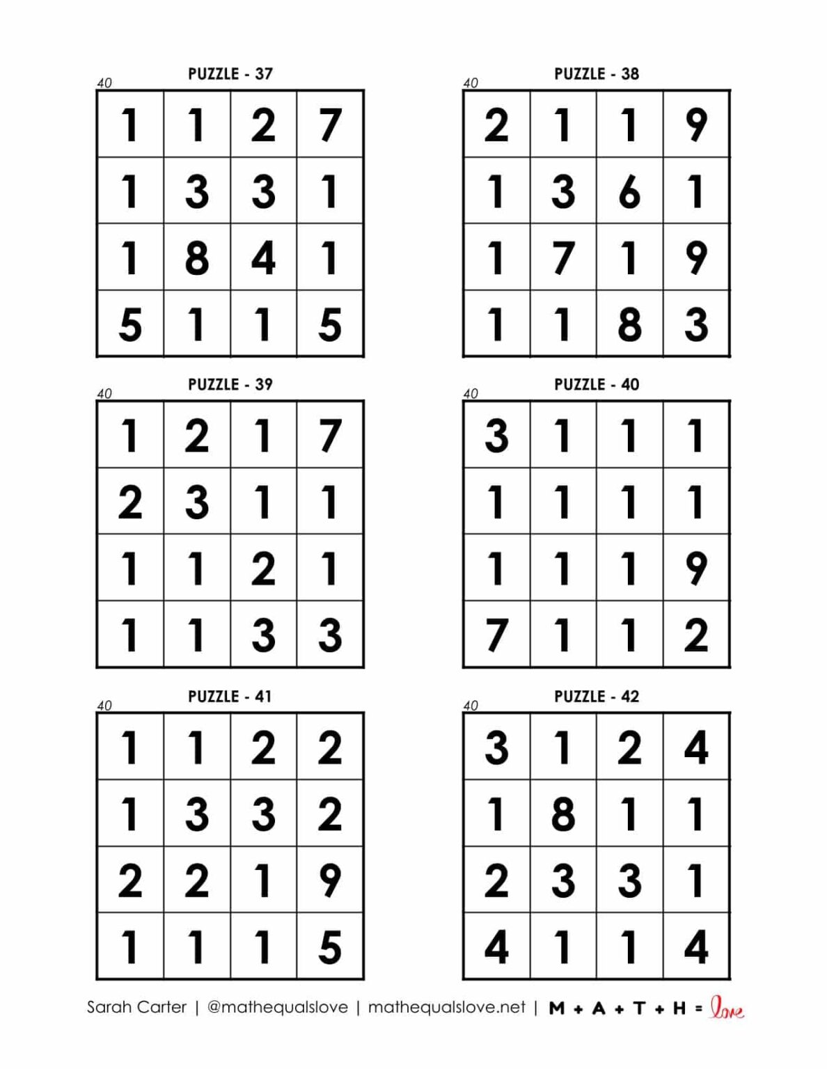 40 Square Digit Addition Logic Puzzles | Math = Love