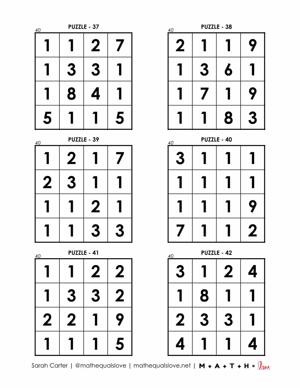 40 Square Logic Puzzles | Math = Love