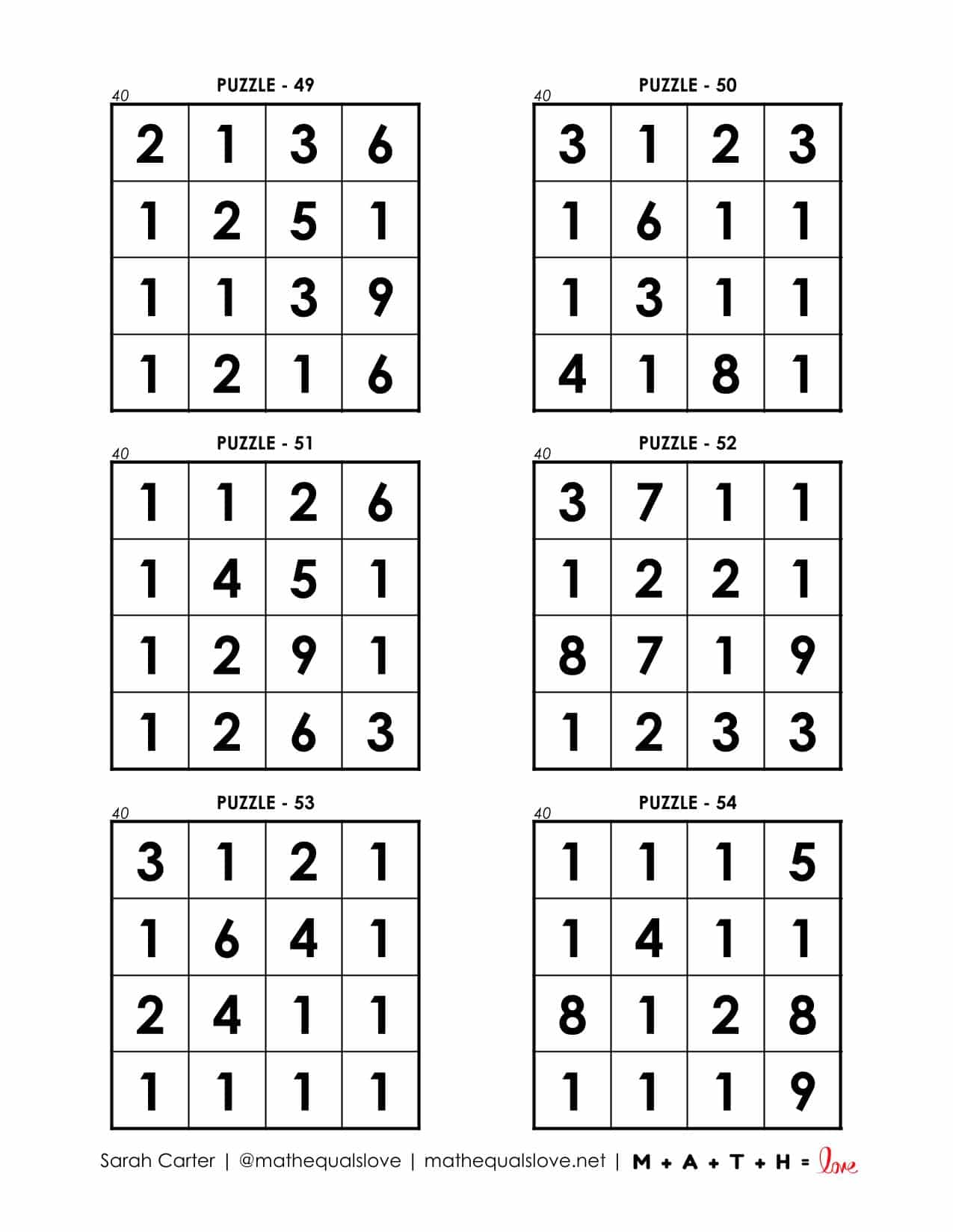 40 Square Digit Addition Logic Puzzles | Math = Love