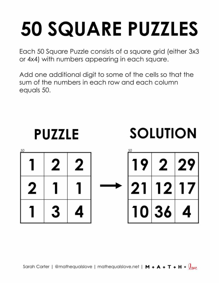 50 Square Digit Addition Logic Puzzles | Math = Love