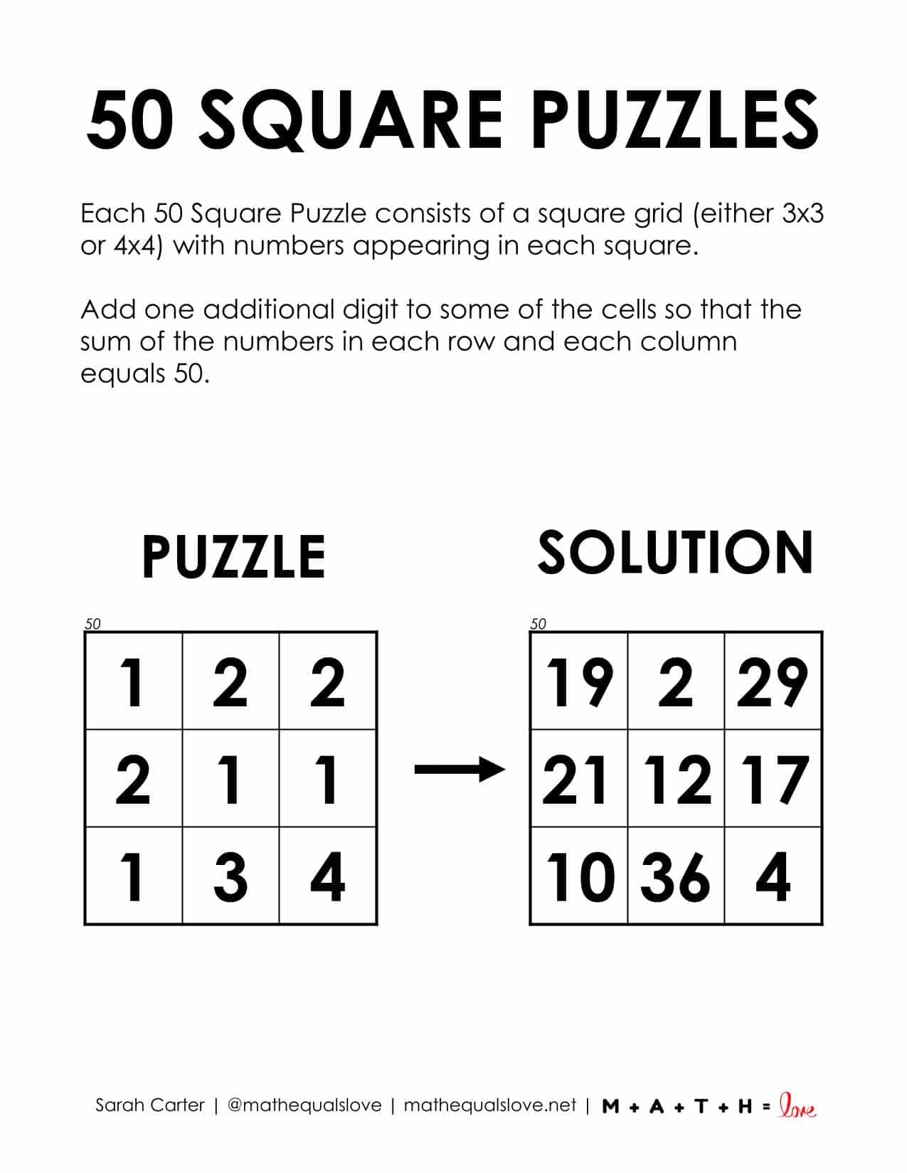 50 Square Digit Addition Logic Puzzles | Math = Love