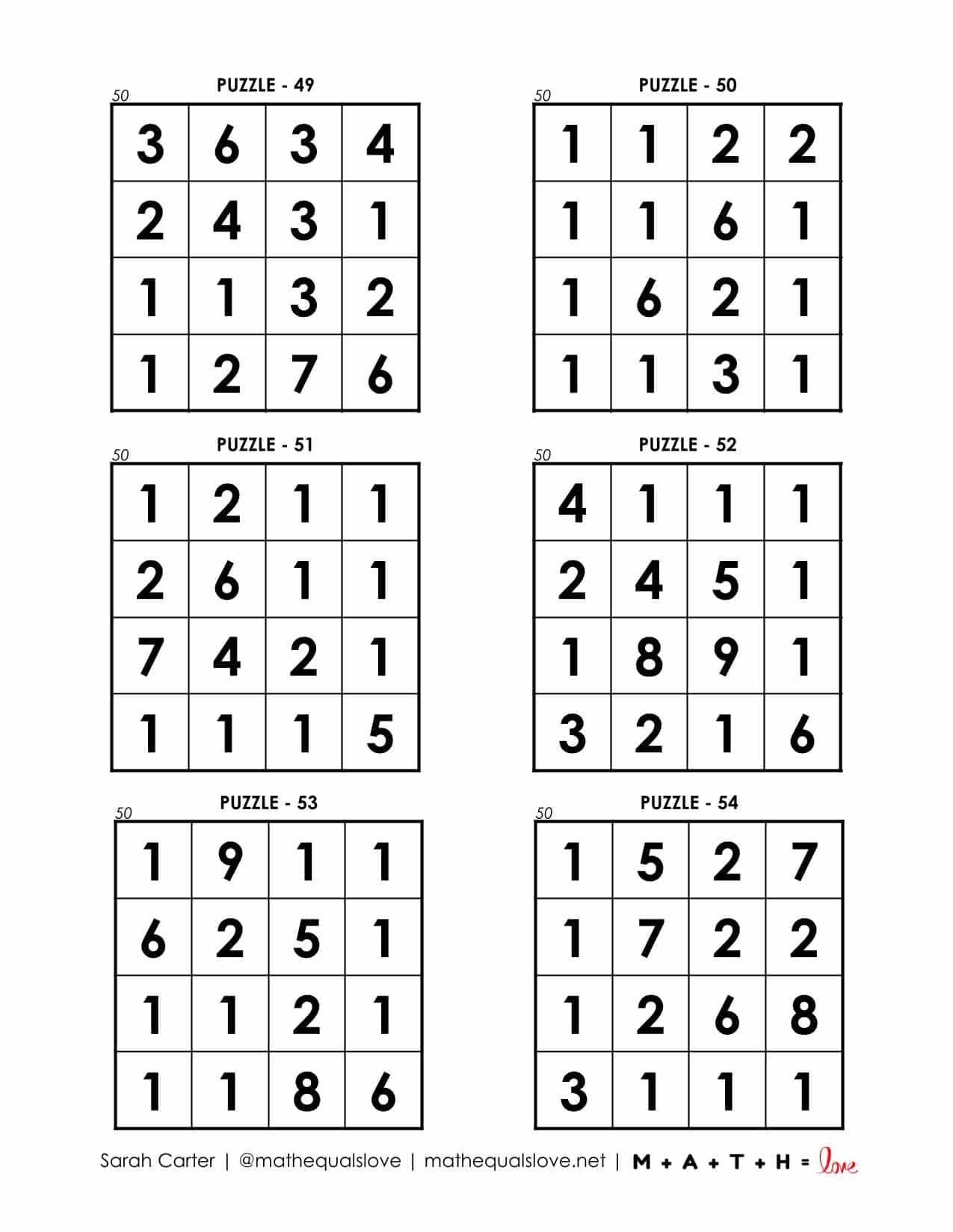 50 Square Digit Addition Logic Puzzles | Math = Love