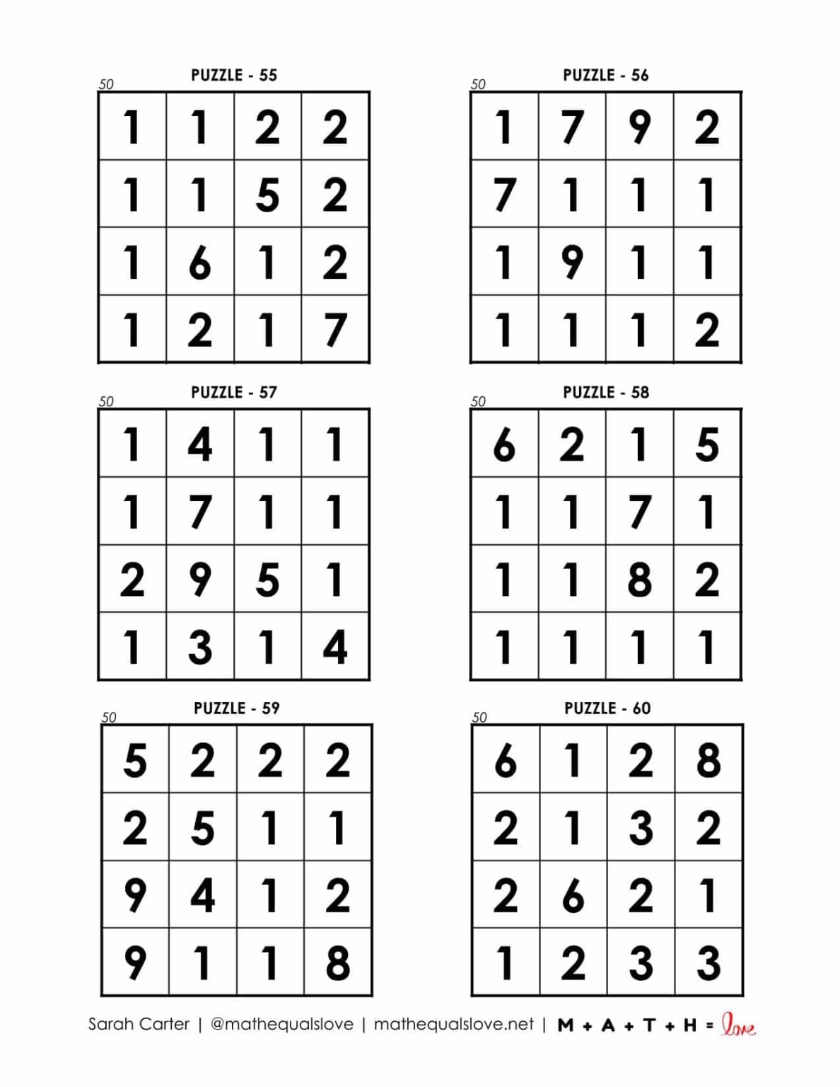 50 Square Digit Addition Logic Puzzles | Math = Love