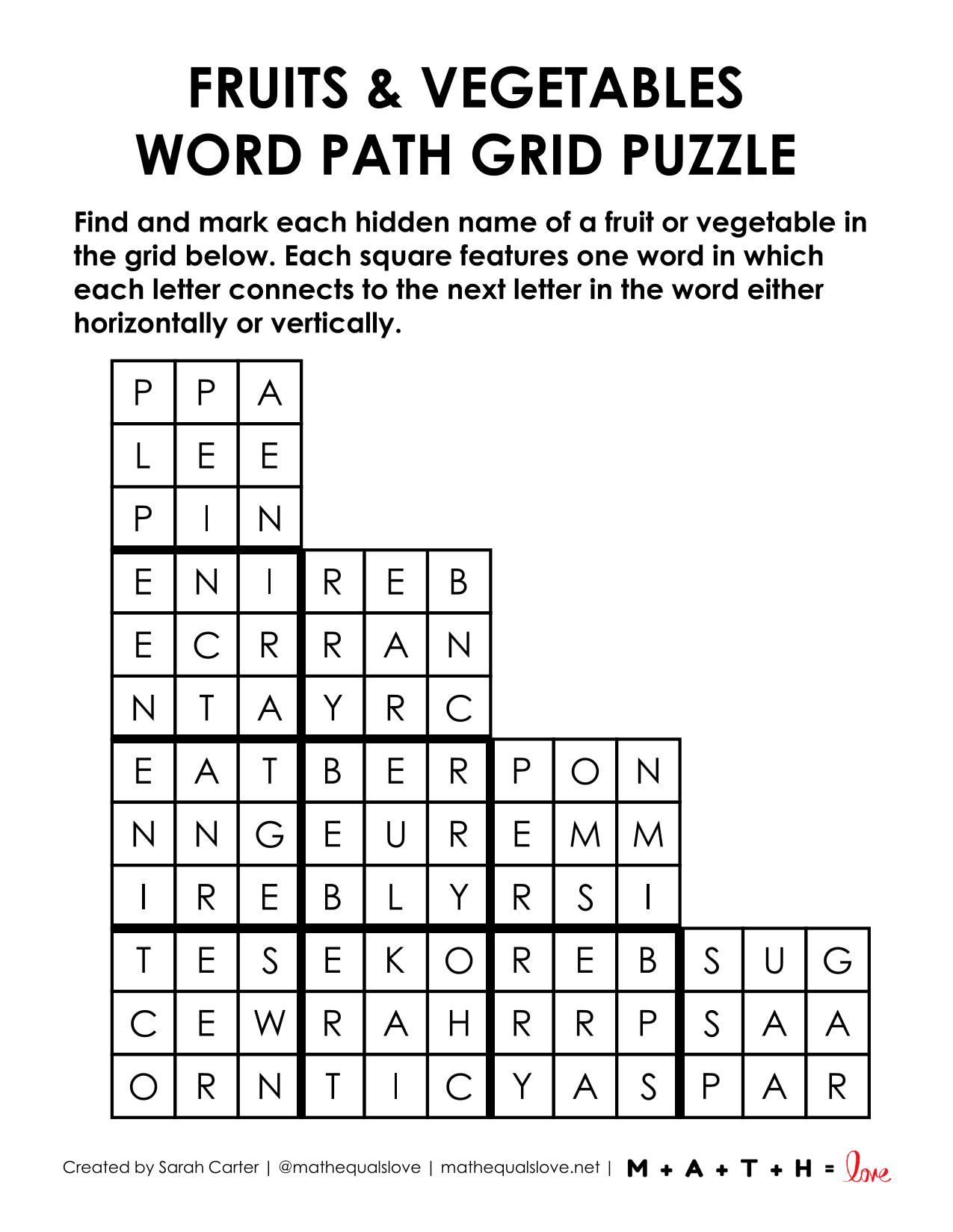 Fruits and Vegetables Word Path Grid Puzzle | Math = Love