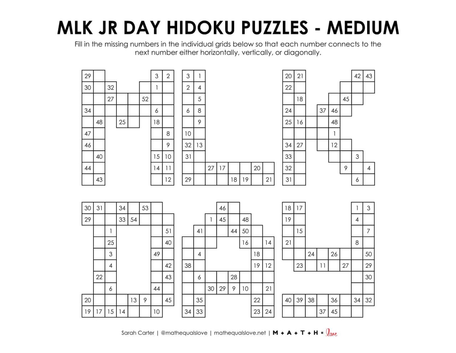 MLK Day Hidoku Logic Puzzles | Math = Love