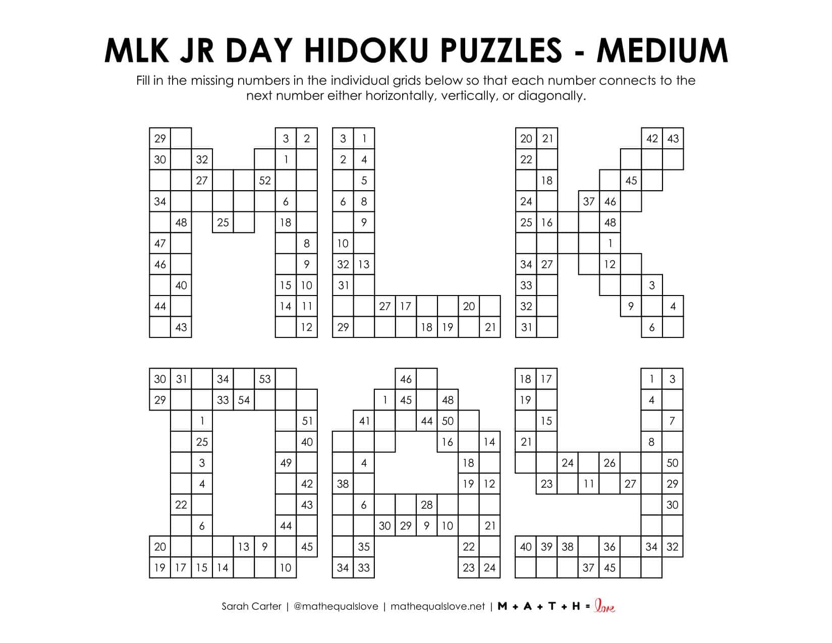 MLK Day Hidoku Logic Puzzles | Math = Love