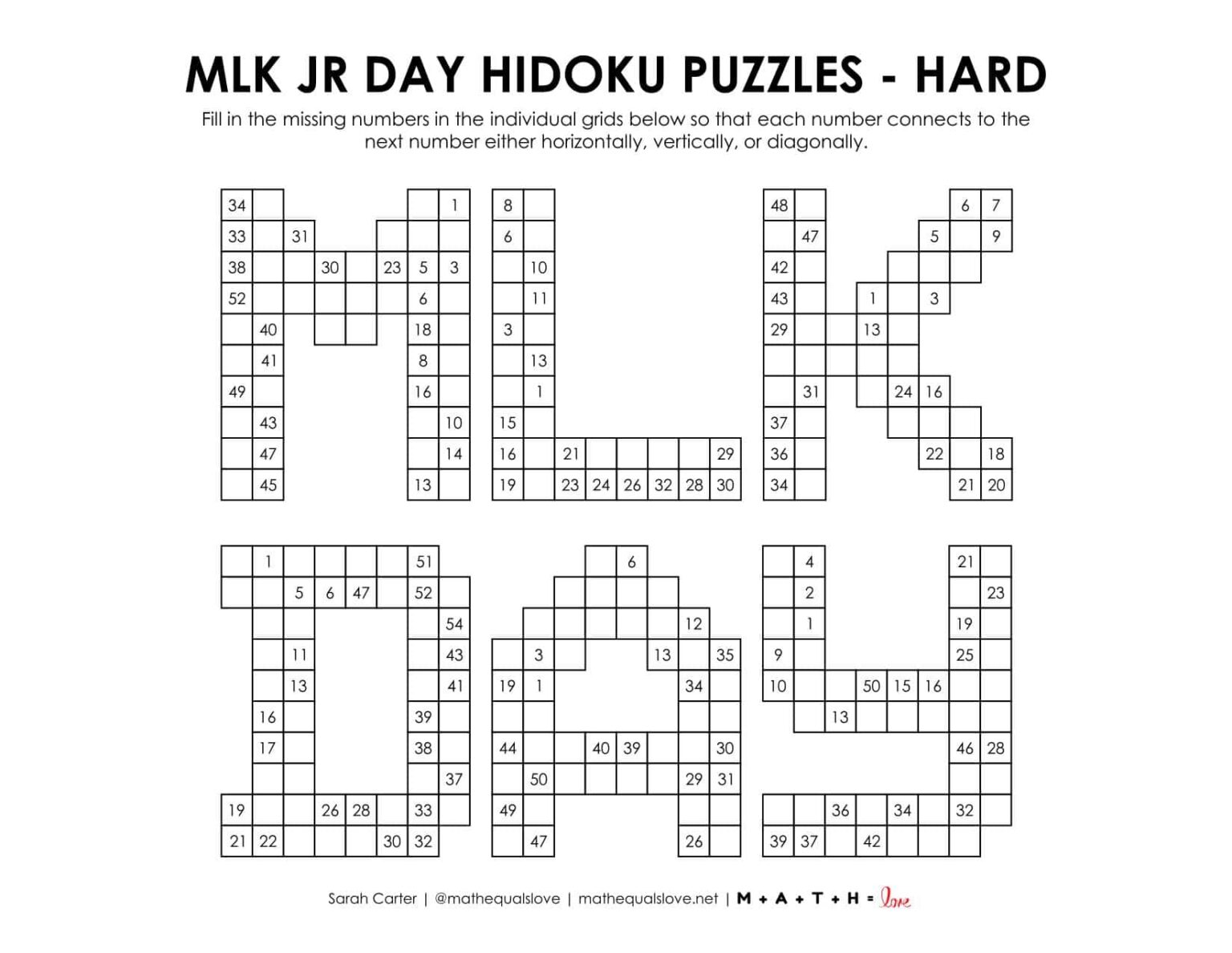 MLK Day Hidoku Logic Puzzles | Math = Love