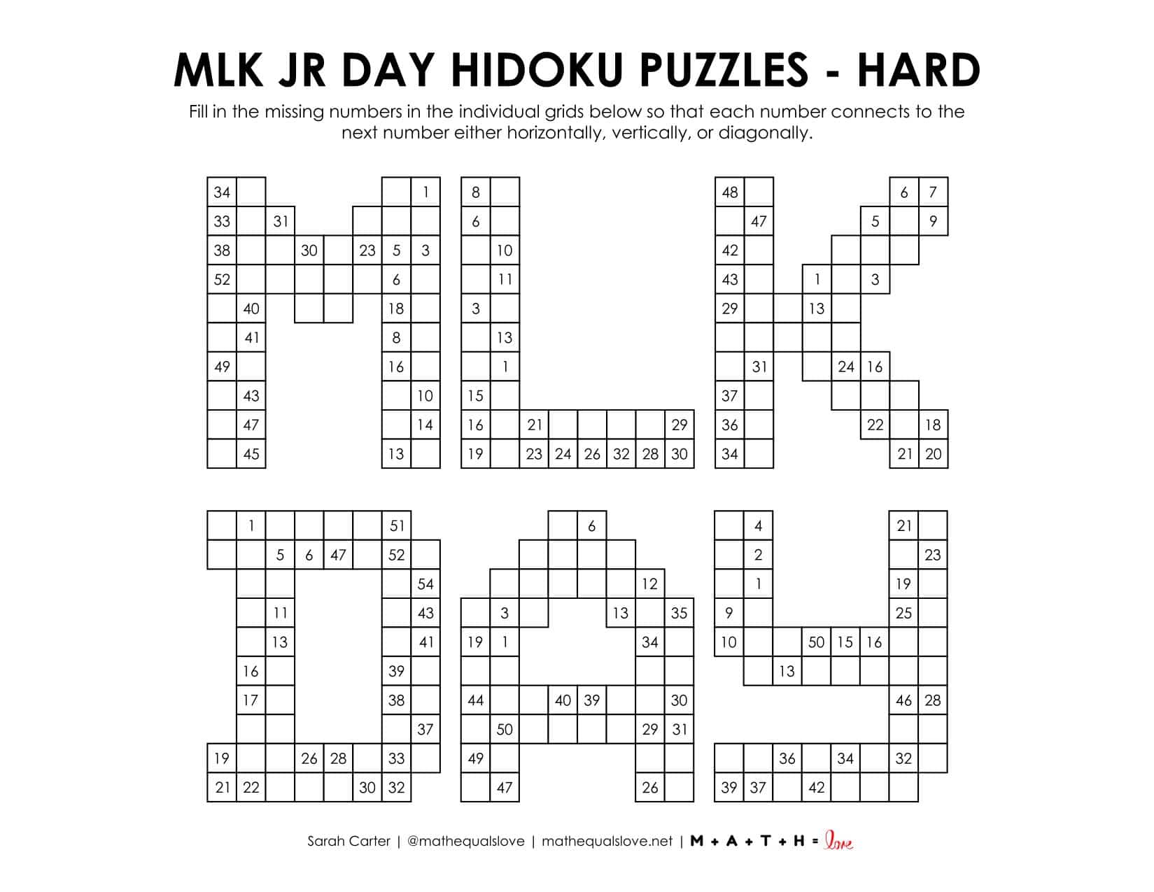 MLK Day Hidoku Logic Puzzles | Math = Love