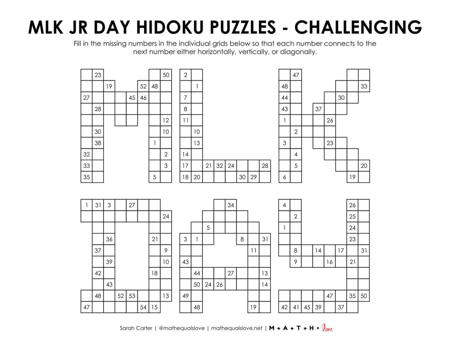 MLK Day Hidoku Logic Puzzles | Math = Love