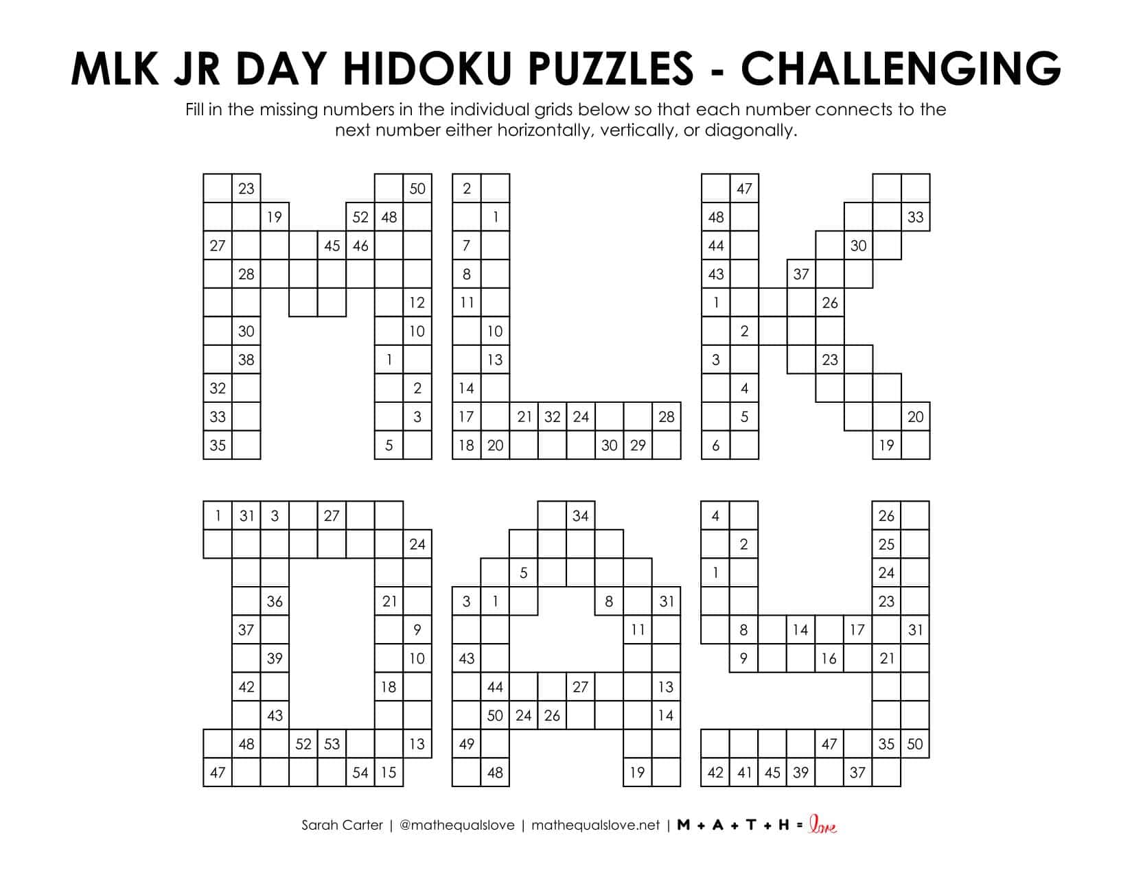 MLK Day Hidoku Logic Puzzles | Math = Love