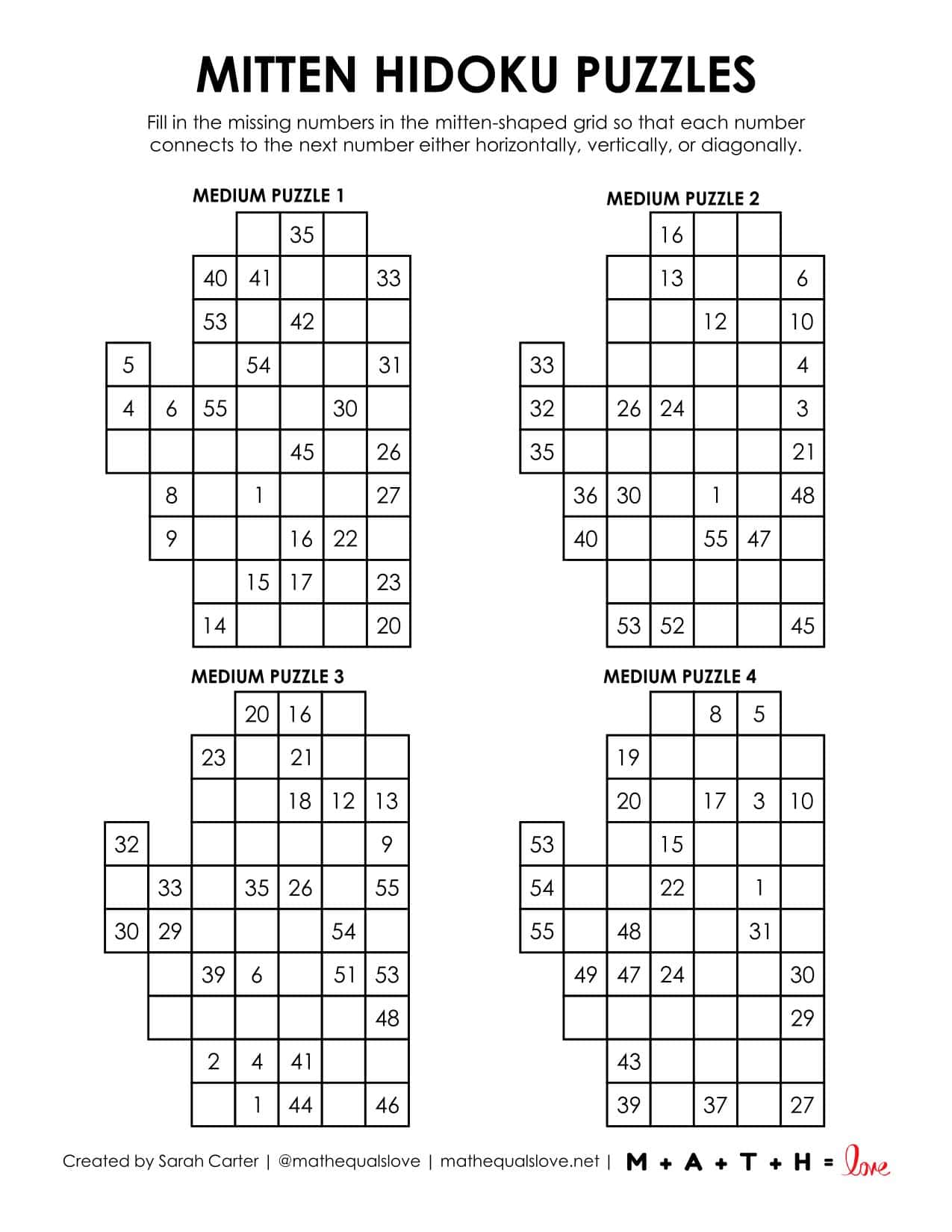 Mitten Hidoku Puzzles for Winter | Math = Love