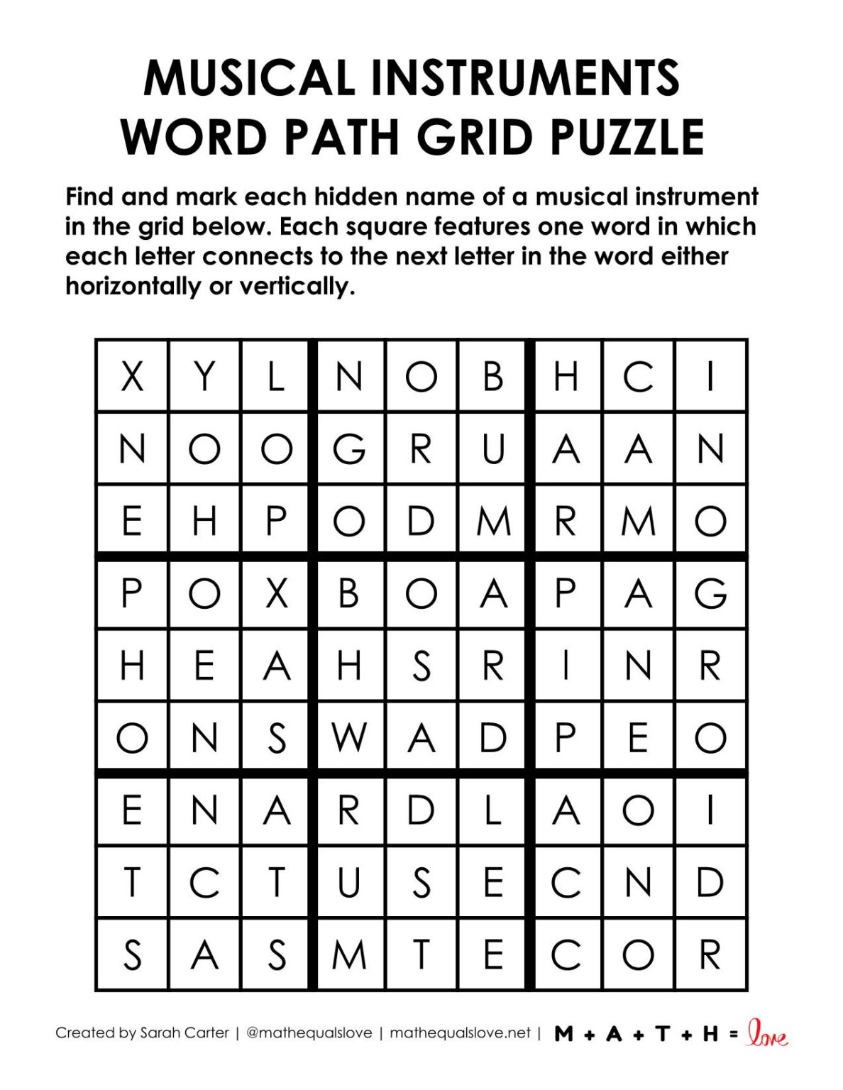 Musical Instruments Word Path Grid Puzzle | Math = Love